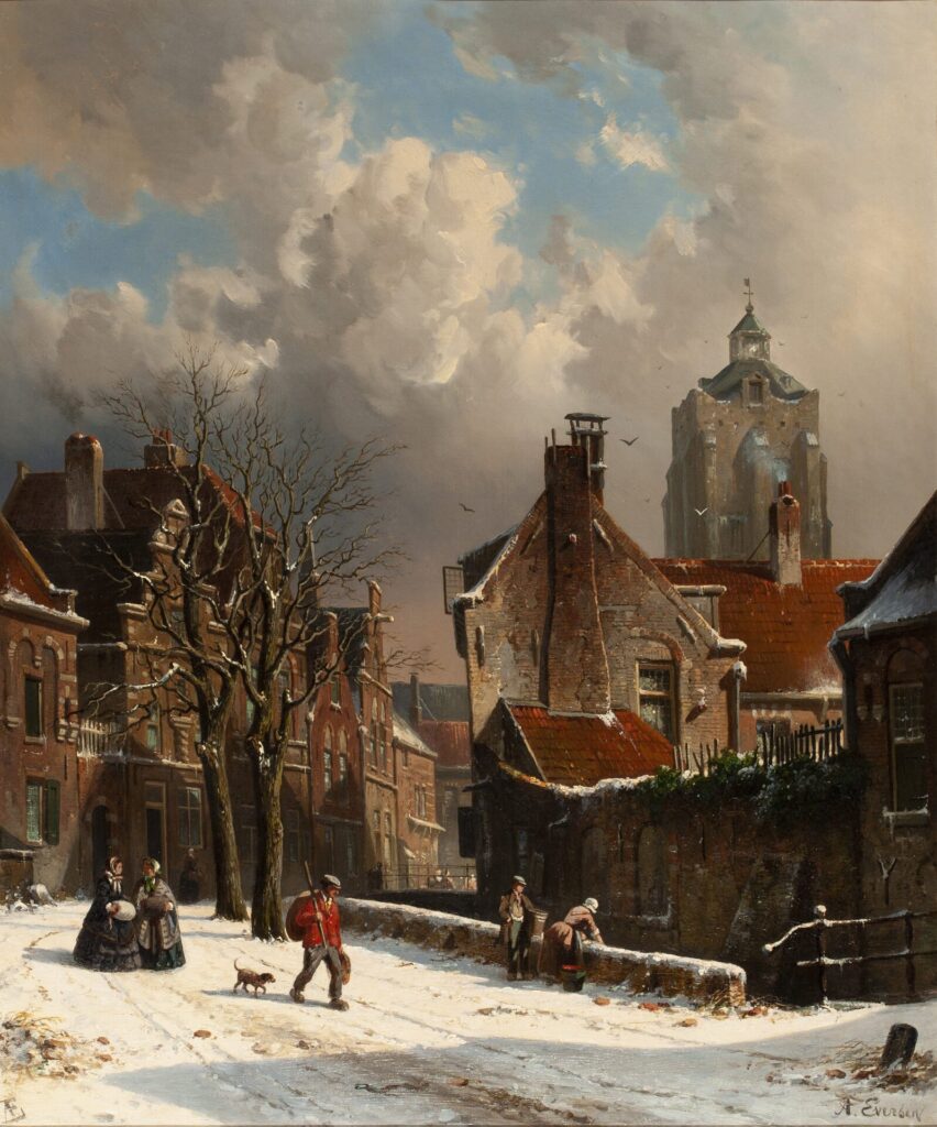 ADRIANUS EVERSEN (1818-1897) - A snowy Dutch street scene