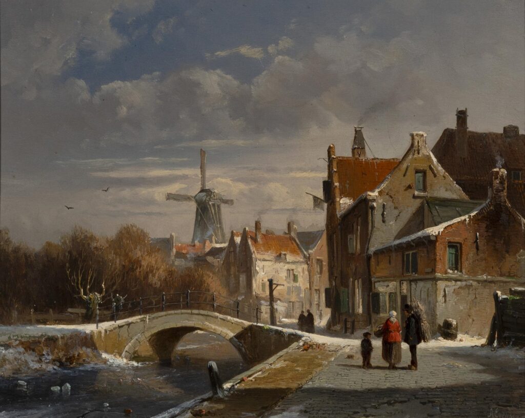 Adrianus Eversen (1818-1897) - Dutch cityscape in winter with a ...